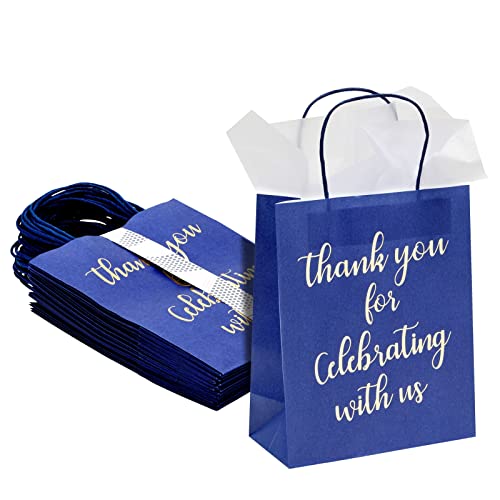 Sparkle and Bash Medium Thank You Gift Bags with 24 White Tissue Paper Sheets (Navy Blue, 24 Pack)