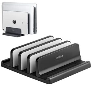 ryvlan vertical laptop stand, adjustable 3 slot laptop storage with rubber padding, multiple laptop holder for desk, premium plastic macbook holder – ipad shelf, kindle, tablet storage – black