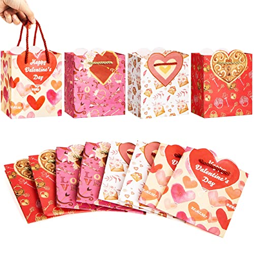 JOYIN 12 Pcs Red Pink Valentine’s Day Gift Bags with Handles, 5 X 6 X 3.5 inch, Kraft Paper Gift Bag with Pocket for Gift Cards, Gift Exchange Goodie Bags for Gift Giving Present Wrapping Party Favor