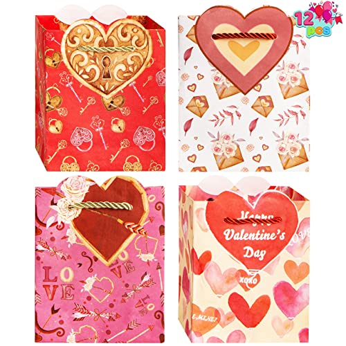 JOYIN 12 Pcs Red Pink Valentine’s Day Gift Bags with Handles, 5 X 6 X 3.5 inch, Kraft Paper Gift Bag with Pocket for Gift Cards, Gift Exchange Goodie Bags for Gift Giving Present Wrapping Party Favor