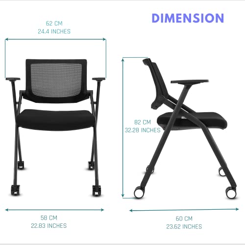 [2 Pack] Stackable Conference Room Chairs with Wheels and Paddle, Ergonomic Mesh Back and Arms for Meeting, Conference, Reception, Training Room & Home Office Desk Folding Chairs