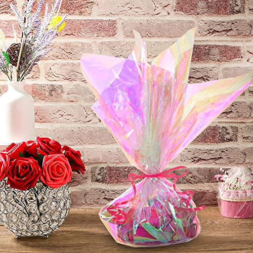 31.5 Inch x 50 Ft Iridescent Film Cellophane Roll Rainbow Holographic Cellophane Wrap Paper with 10 Rolls Colorful Metallic Curling Balloon Ribbon for Flower Gift Candy Handicraft Crafts