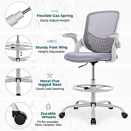 SMUG Drafting Tall Office Chair, with Footrest, Light Grey