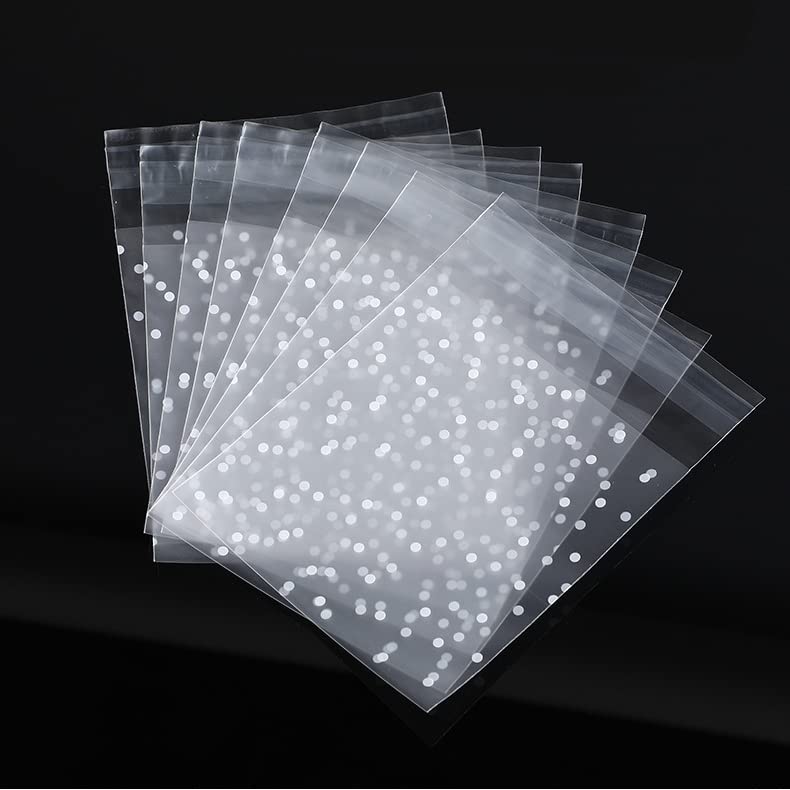 mazumi8 200pcs 3.94" x 3.94" Self Adhesive Cookie Bags | Clear Plastic White Polka Dot Gift Wrap Cellophane Bags for Candy Cookie Treat Chocolate Pastry Bakery Jewelry Birthday Party