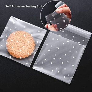 mazumi8 200pcs 3.94" x 3.94" Self Adhesive Cookie Bags | Clear Plastic White Polka Dot Gift Wrap Cellophane Bags for Candy Cookie Treat Chocolate Pastry Bakery Jewelry Birthday Party