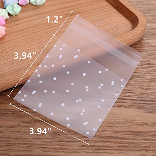 mazumi8 200pcs 3.94" x 3.94" Self Adhesive Cookie Bags | Clear Plastic White Polka Dot Gift Wrap Cellophane Bags for Candy Cookie Treat Chocolate Pastry Bakery Jewelry Birthday Party