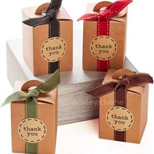 Hayley Cherie - Gift Rustic Treat Boxes with Ribbons and Thank You Stickers (20 Pack) - 4.7 x 3.5 x 3.5 inches - Thick 350gsm Card (Small Kraft)