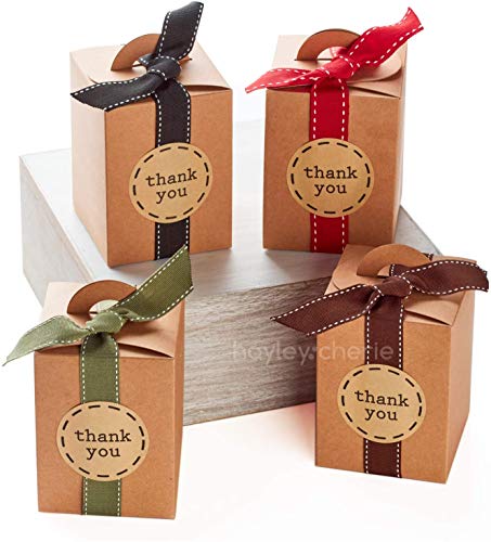 Hayley Cherie - Gift Rustic Treat Boxes with Ribbons and Thank You Stickers (20 Pack) - 4.7 x 3.5 x 3.5 inches - Thick 350gsm Card (Small Kraft)