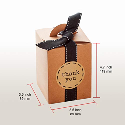 Hayley Cherie - Gift Rustic Treat Boxes with Ribbons and Thank You Stickers (20 Pack) - 4.7 x 3.5 x 3.5 inches - Thick 350gsm Card (Small Kraft)