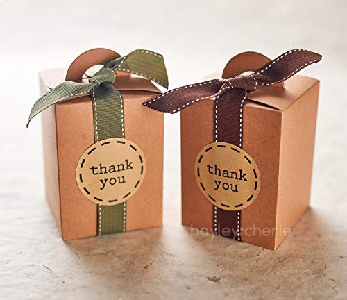 Hayley Cherie - Gift Rustic Treat Boxes with Ribbons and Thank You Stickers (20 Pack) - 4.7 x 3.5 x 3.5 inches - Thick 350gsm Card (Small Kraft)