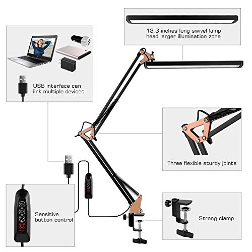 AXUF LED Desk Lamp, Metal Swing Arm Desk Lamp with Clamp, Eye-Caring Architect Desk Light, Dimmable Table Lamp with 3 Color Modes 10 Brightness Levels & Adapter, Memory Function, Rose Gold + Black