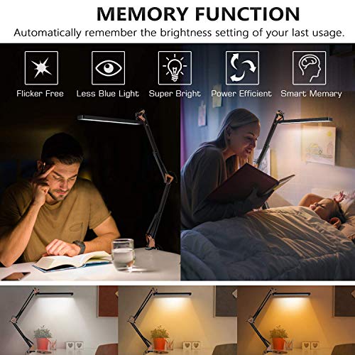 AXUF LED Desk Lamp, Metal Swing Arm Desk Lamp with Clamp, Eye-Caring Architect Desk Light, Dimmable Table Lamp with 3 Color Modes 10 Brightness Levels & Adapter, Memory Function, Rose Gold + Black