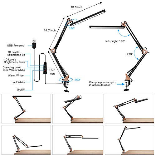 AXUF LED Desk Lamp, Metal Swing Arm Desk Lamp with Clamp, Eye-Caring Architect Desk Light, Dimmable Table Lamp with 3 Color Modes 10 Brightness Levels & Adapter, Memory Function, Rose Gold + Black