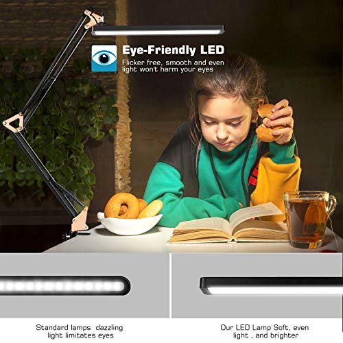 AXUF LED Desk Lamp, Metal Swing Arm Desk Lamp with Clamp, Eye-Caring Architect Desk Light, Dimmable Table Lamp with 3 Color Modes 10 Brightness Levels & Adapter, Memory Function, Rose Gold + Black