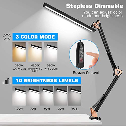 AXUF LED Desk Lamp, Metal Swing Arm Desk Lamp with Clamp, Eye-Caring Architect Desk Light, Dimmable Table Lamp with 3 Color Modes 10 Brightness Levels & Adapter, Memory Function, Rose Gold + Black