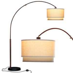 brightech mason arc floor lamp – modern corner standing lamp with unique hanging drum lamp shade for living room – bright overhead, curved hanging light for bedroom. library, den – bronze