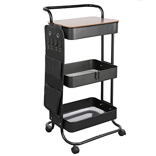 DTK 3 Tier Metal Utility Rolling Cart with Table Top and Side Bags, Metal Tray Storage Organizer Cart with Wheels, Art Craft Cart with 4 Hooks for Kitchen Bathroom Office Living Room (Black)