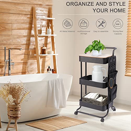 DTK 3 Tier Metal Utility Rolling Cart with Table Top and Side Bags, Metal Tray Storage Organizer Cart with Wheels, Art Craft Cart with 4 Hooks for Kitchen Bathroom Office Living Room (Black)