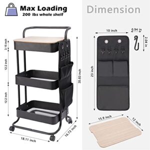 DTK 3 Tier Metal Utility Rolling Cart with Table Top and Side Bags, Metal Tray Storage Organizer Cart with Wheels, Art Craft Cart with 4 Hooks for Kitchen Bathroom Office Living Room (Black)