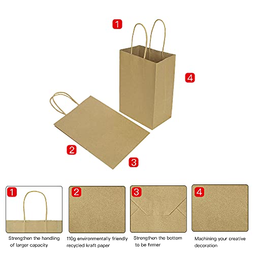 bagmad 100 Pack 5.25x3.25x8 inch Brown Small Paper Bags with Handles Bulk, Gift Paper Bags, Kraft Birthday Party Favors Grocery Retail Shopping Craft Bags Takeouts Business (Plain Natural 100pcs)