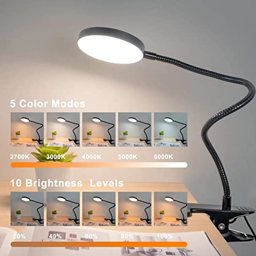 LiFMIRA Desk Lamp Clip on Light 30s/30min Timer 5 Colors 10 Brightness 10W 66 LED Desk Lamp with Clamp Eye-Caring Gooseneck Reading Light for Bed Headboard Desk Video Conferencing Makeup