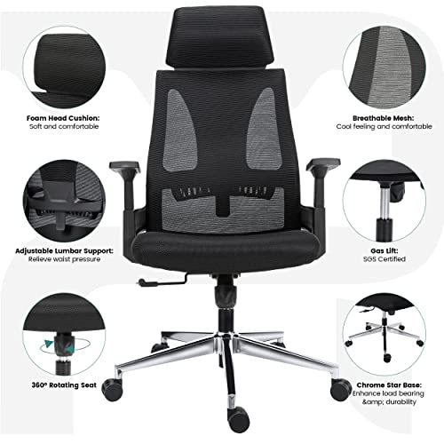 Raynesys Ergonomic Chair for Heavy People, 350 LBS Capacity with Wide Seat, Comfortable Headrest, Tilt Function Adjustable Lumbar Support,Breathable Mesh for Home Office, Black & Black