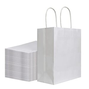 bagmad 100pcs pack 8×4.75×10 inch medium white kraft paper bags with handles bulk, gift bags, craft grocery shopping retail birthday party favors wedding sacks restaurant takeout, business (100)