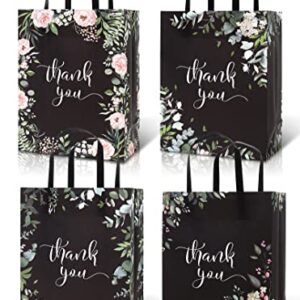 AnyDesign Floral Thank You Gift Bags with Handles Black Thank You Goody Bags Flower Kraft Paper Treat Bags Party Favor Bags for Wedding Birthday Baby Shower Party Favors, 4 Designs, 20Pack