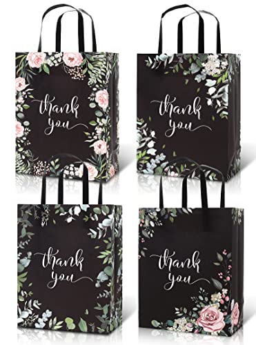 AnyDesign Floral Thank You Gift Bags with Handles Black Thank You Goody Bags Flower Kraft Paper Treat Bags Party Favor Bags for Wedding Birthday Baby Shower Party Favors, 4 Designs, 20Pack