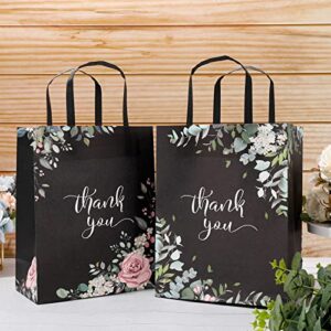 AnyDesign Floral Thank You Gift Bags with Handles Black Thank You Goody Bags Flower Kraft Paper Treat Bags Party Favor Bags for Wedding Birthday Baby Shower Party Favors, 4 Designs, 20Pack