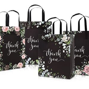 AnyDesign Floral Thank You Gift Bags with Handles Black Thank You Goody Bags Flower Kraft Paper Treat Bags Party Favor Bags for Wedding Birthday Baby Shower Party Favors, 4 Designs, 20Pack