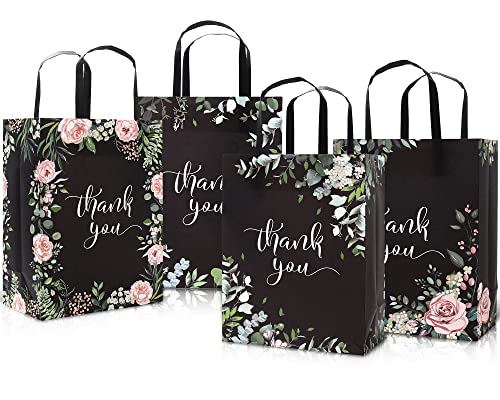 AnyDesign Floral Thank You Gift Bags with Handles Black Thank You Goody Bags Flower Kraft Paper Treat Bags Party Favor Bags for Wedding Birthday Baby Shower Party Favors, 4 Designs, 20Pack