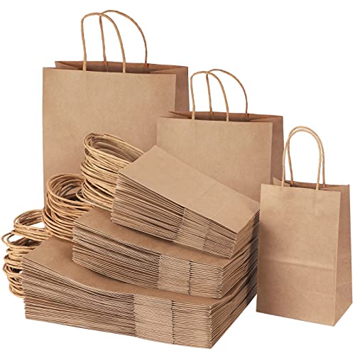 TOMNK 120pcs Brown Paper Bags with Handles Mixed Size Gift Bags Bulk, Kraft Paper Bags for Business, Shopping Bags, Retail Bags, Merchandise Bags