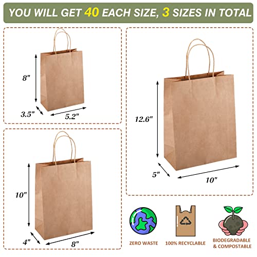 TOMNK 120pcs Brown Paper Bags with Handles Mixed Size Gift Bags Bulk, Kraft Paper Bags for Business, Shopping Bags, Retail Bags, Merchandise Bags