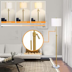 Modern Floor Lamp for Living Room, Adjustable Height Standing Lamp with Marble Base, 3-Way Dimmable Gold Tall Pole Light with White Linen Shade for Reading Bedroom, Pull Chain Switch, Bulb Included