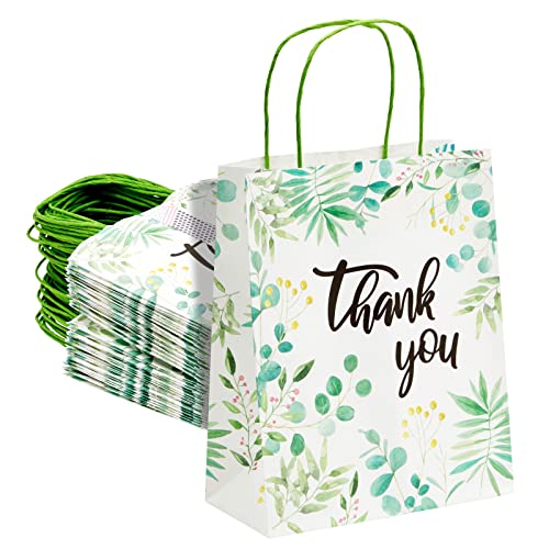 Sparkle and Bash Thank You Gift Bags with Handles for Small Business, Boutique, Party Favors (White, Green, 10 x 8 x 4 In, 50 Pack)