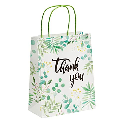 Sparkle and Bash Thank You Gift Bags with Handles for Small Business, Boutique, Party Favors (White, Green, 10 x 8 x 4 In, 50 Pack)