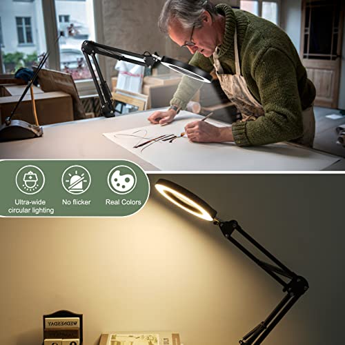 Krstlv 5X Magnifying Glass with Light and Clamp, Upgrade Button 5 Color Modes, Stepless Dimmable LED Lighted Desk Lamp, Hands Free Magnifier with Light and Stand for Craft Hobby Reading Close Work