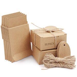 belle vous 50 pack gift boxes – brown kraft paper square gift wrap boxes with lids, hemp rope and tags – 3 x 3 x 1.5 inches – small boxes for diy wedding & party gifts & favors – easy assemble boxes