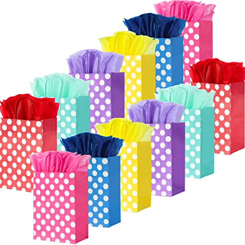 24Pack Dot Paper Gift Bags with handles, 8.7" Small Gift Bags with Tissue, Colorful Kraft Paper Bags for Goody Bags, Goodie Bags, Party Bags for Kids Birthday, Wedding, Valentines, Easter, Chrismas (Polka Dots)