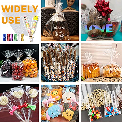 LEOSINDA 100pcs 4 X 9 Clear Flat Gift Wrap Cellophane Bags Cookie Bags with 6 Mix Colors Twist Ties Cello Goodie Treat Bags Bakery Party favor Packaging 1.3mil…