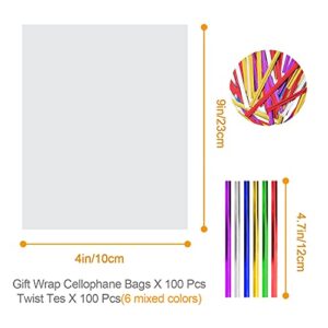 LEOSINDA 100pcs 4 X 9 Clear Flat Gift Wrap Cellophane Bags Cookie Bags with 6 Mix Colors Twist Ties Cello Goodie Treat Bags Bakery Party favor Packaging 1.3mil…