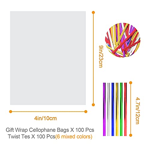 LEOSINDA 100pcs 4 X 9 Clear Flat Gift Wrap Cellophane Bags Cookie Bags with 6 Mix Colors Twist Ties Cello Goodie Treat Bags Bakery Party favor Packaging 1.3mil…