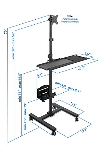 Mount-It! Rolling Computer Cart, Mobile Workstation with Tray Monitor Mount and CPU Holder, Height Adjustable and Mobile Stand for Office and Industrial Use