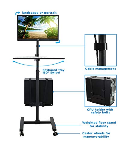 Mount-It! Rolling Computer Cart, Mobile Workstation with Tray Monitor Mount and CPU Holder, Height Adjustable and Mobile Stand for Office and Industrial Use