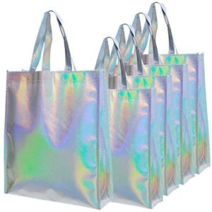 gesodant bling bling glossy durable reusable medium non-woven gift bag set of 5,shopping bag,promotional bag, silvery (17.3″x12.6″x4″)