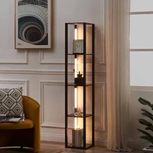 fenlo fancy 64″ luxury display shelf with led floor lamps for living room, sturdy corner shelf curio cabinet display cabinet,tall shelves floor lamps with shelves, 3 level brightness led – black