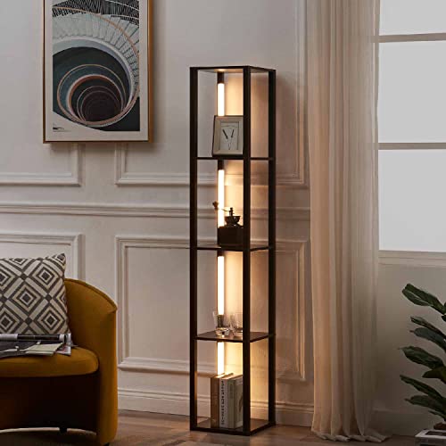 FENLO Fancy 64" Luxury Display Shelf with LED Floor Lamps for Living Room, Sturdy Corner Shelf Curio Cabinet Display Cabinet,Tall Shelves Floor Lamps with Shelves, 3 Level Brightness LED - Black