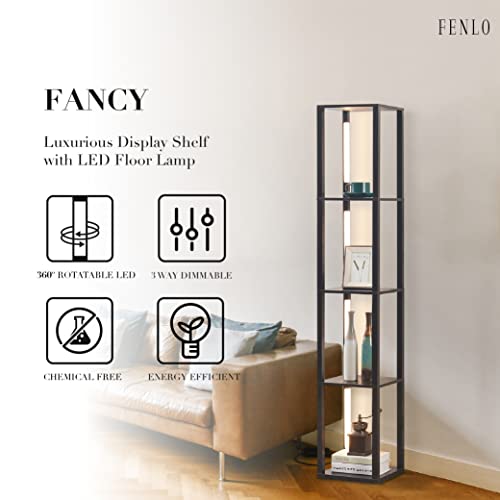 FENLO Fancy 64" Luxury Display Shelf with LED Floor Lamps for Living Room, Sturdy Corner Shelf Curio Cabinet Display Cabinet,Tall Shelves Floor Lamps with Shelves, 3 Level Brightness LED - Black