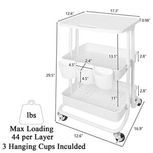 3 Tier Rolling Storage Cart with Table Top & Hanging Cups Utility Organizer Cart for Kitchen Bathroom Classroom, White